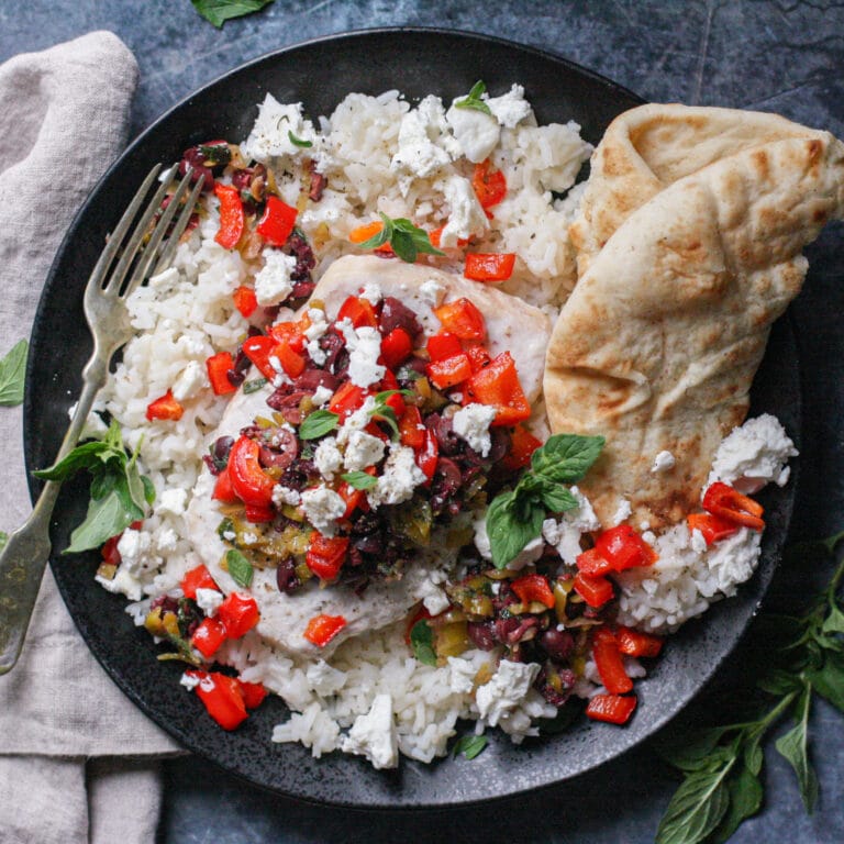 Greek-Style Swordfish Santorini - with roasted peppers, olives and feta